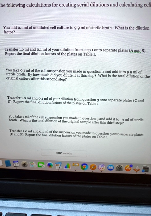 he following calculations for creating serial dilutions and calculating ...