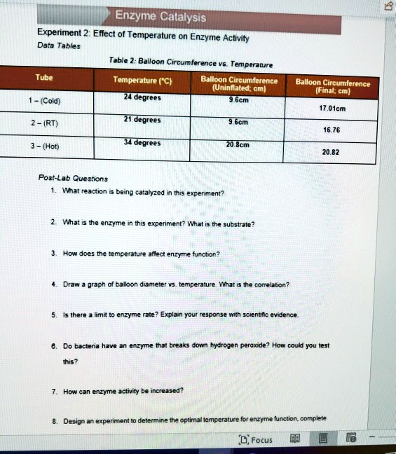 enzyme catalysis experiment 2 effect of temperature on enzyme activity data tables table bailoon ...