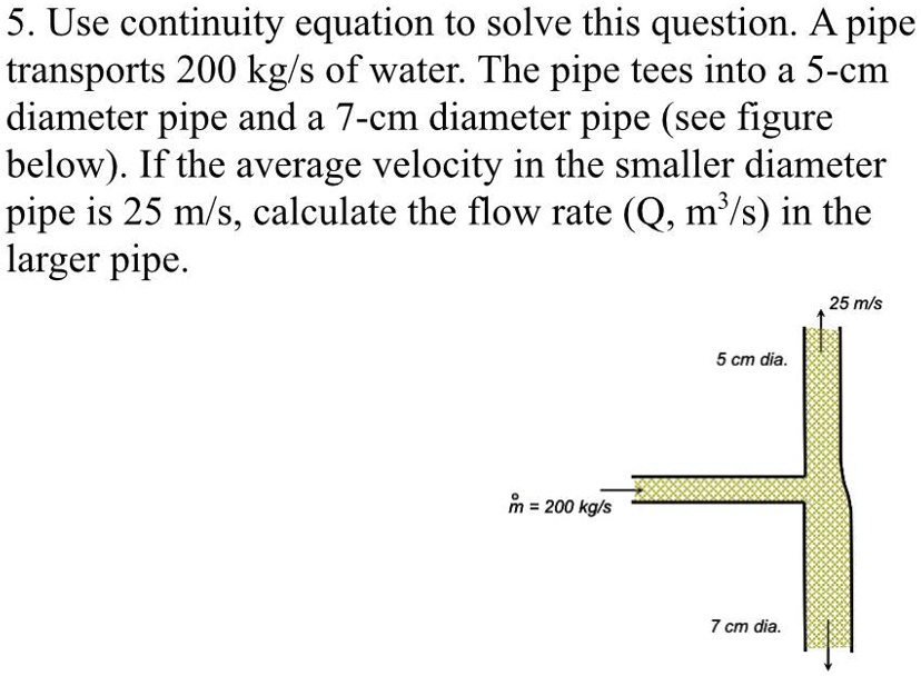 5. Use continuity equation to solve this question. A pipe transports 200 kg/s of water. The pipe ...