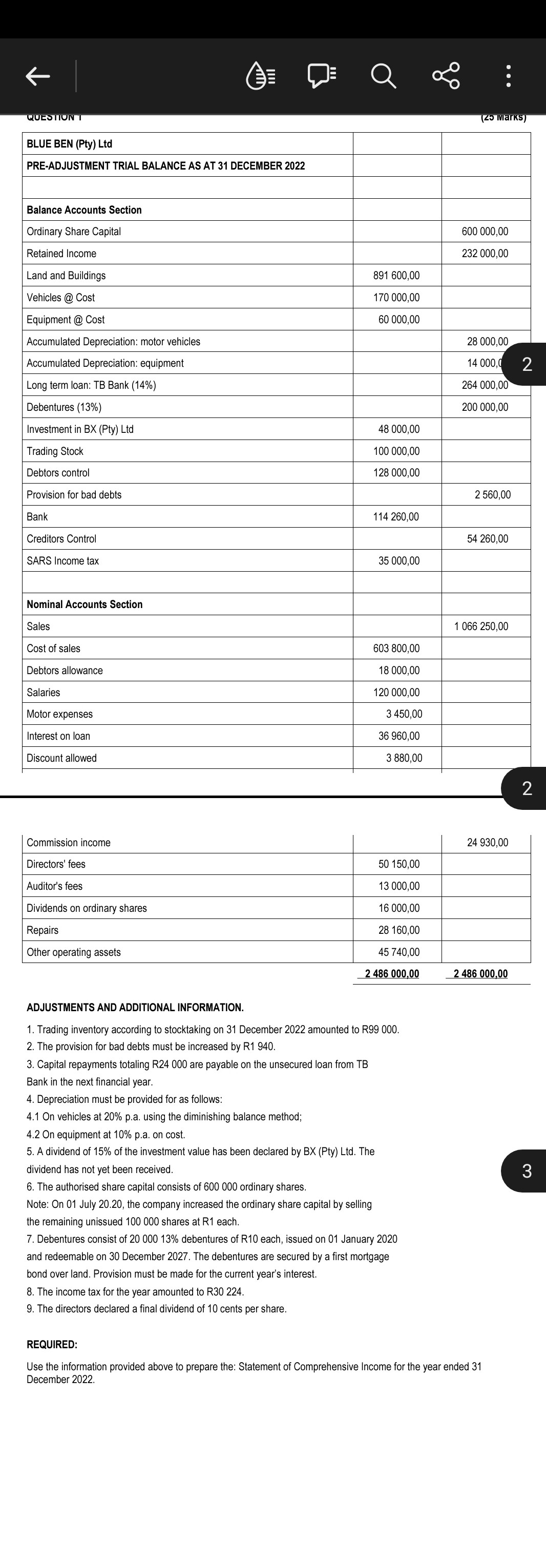 BLUE BEN (Pty) Ltd PRE-ADJUSTMENT TRIAL BALANCE AS Balance Accounts ...