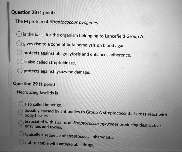 Question 28 (1 point) The M protein of Streptococcus pyogenes is the ...