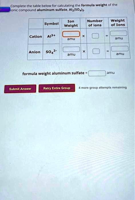 texts complete the table below for calculating the formula weight of ...