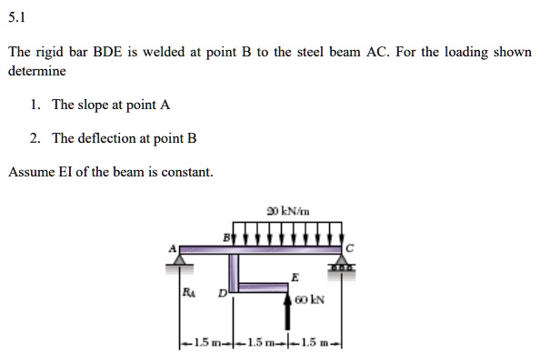 5.1 The rigid bar BDE is welded at point B to the steel beam AC. For ...