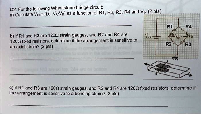 Q2: For the following Wheatstone bridge circuit: a) Calculate Vour (i.e. VA-VB) as a function of ...