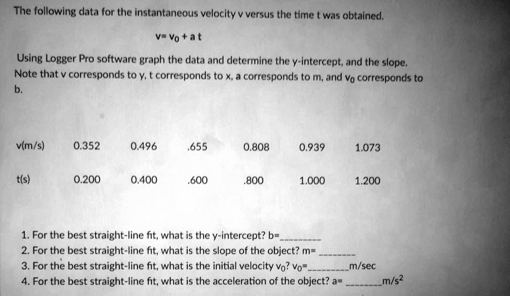 SOLVED: The following data for the instantaneous velocity v versus the time t was obtained V=Vo ...