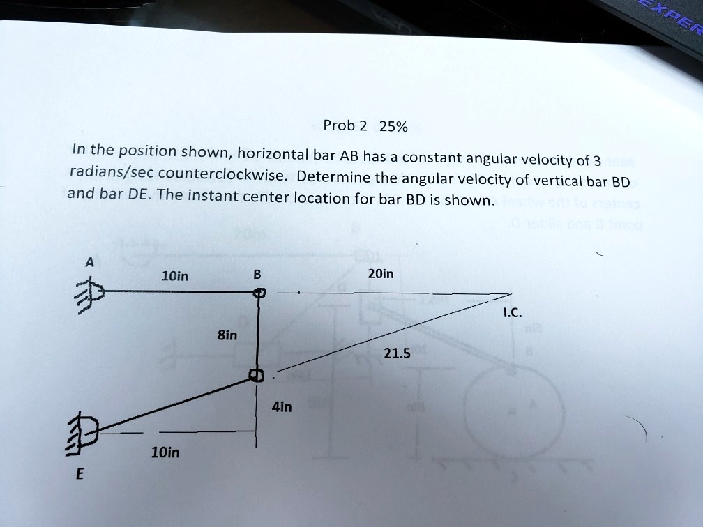 Prob 2 25% In the position shown, horizontal bar AB has a constant angular velocity of 3 radians ...