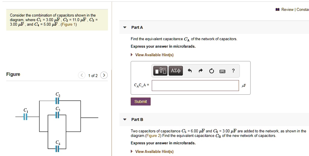 SOLVED: Consider the combination of capacitors shown in the diagram; where C1 = 3.00 pF, C2 = 11 ...