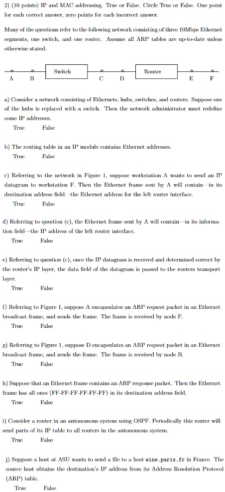 2 10 points ip and mac addressing true or false circle true or false one point for each correct ...