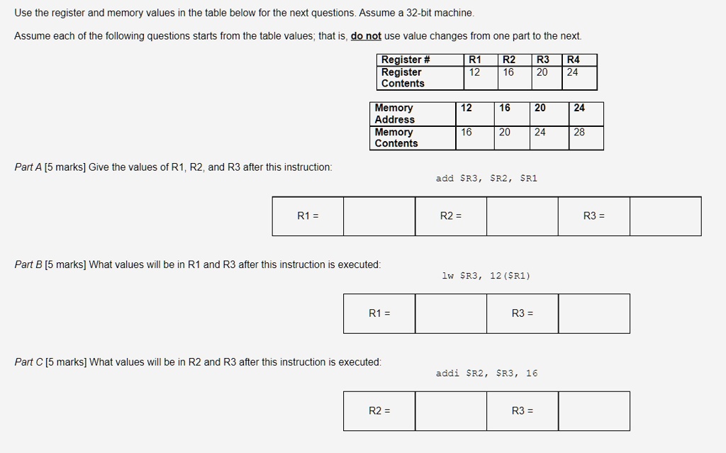 Use the register and memory values in the table below for the next ...