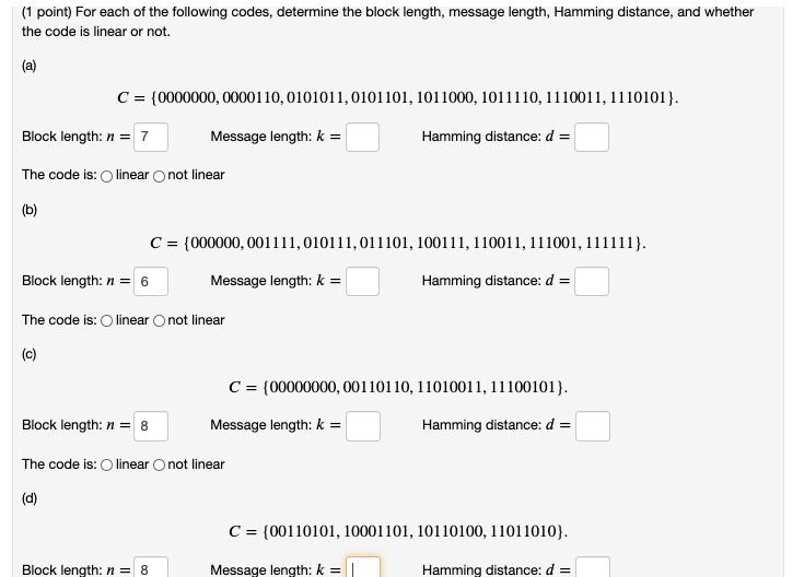 SOLVED: (a) C=0000000,0000110,0101011,0101101,1011000,1011110,1110011 ...