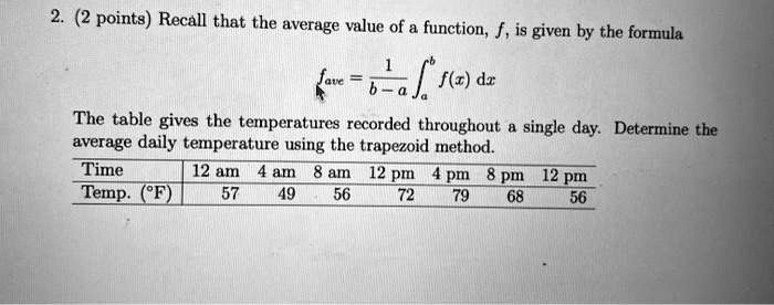 2. (2 points) Recall that the average value of a function, f, is given by the formula fave = (1 ...