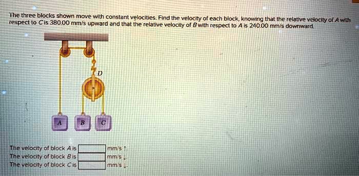 SOLVED: The three blocks shown move with constant velocities. Find the velocity of each block ...