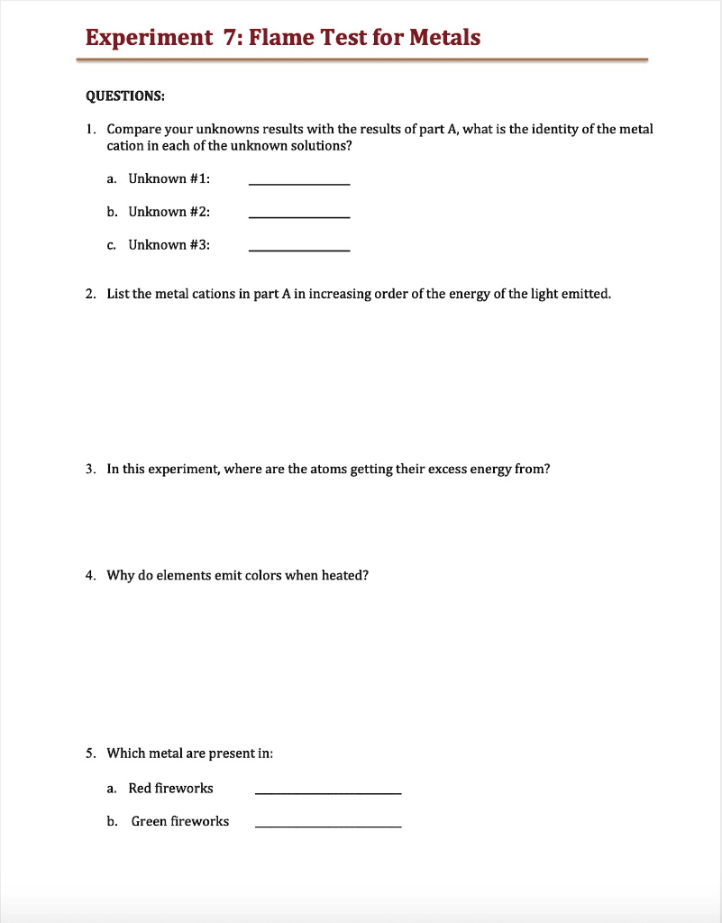 experiment 7 flame test for metals questions compare your unknowns ...