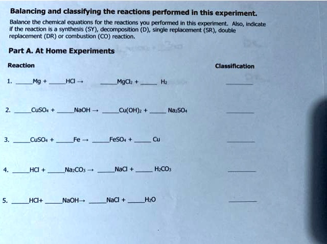 SOLVED: Balancing and classifying the reactions performed in this ...
