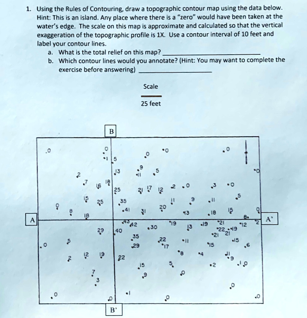 SOLVED: 'Using the Rules of Contouring, draw a topographic contour map ...