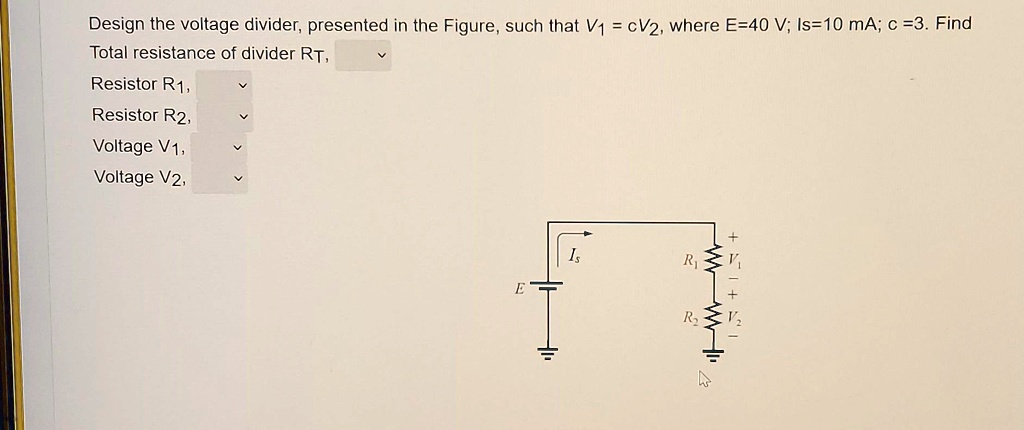 Total resistance of divider RT, Resistor R1, Resistor R2, Voltage V1, Voltage V2.