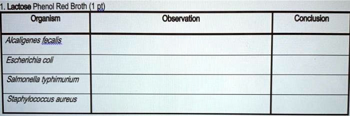 Lactose Phenol Red Broth (pH) Organism Observation Concentration ...