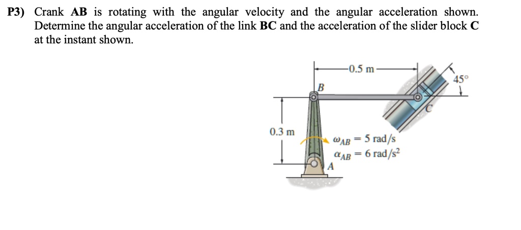 P3) Crank AB is rotating with the angular velocity and the angular acceleration shown. Determine ...