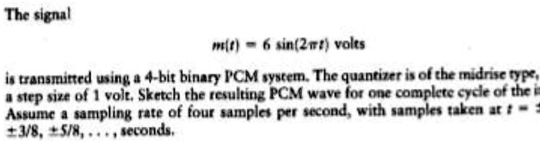 SOLVED: The signal m(t) = 6sin(2t) volts is transmitted using a 4-bit binary PCM system. The ...