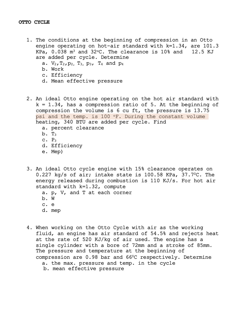 otto cycle l the conditions at the beginning of compression in an otto ...