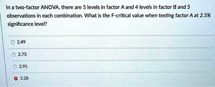 SOLVED: In a two-factor ANOVA, there are 5 levels in factor A and 4 ...