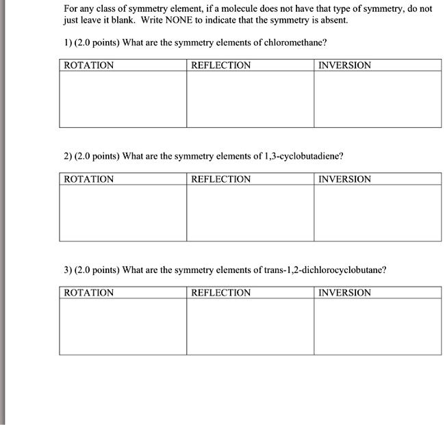 SOLVED: For any class of symmetry element; if a molecule does not have that type of symmetry. do ...