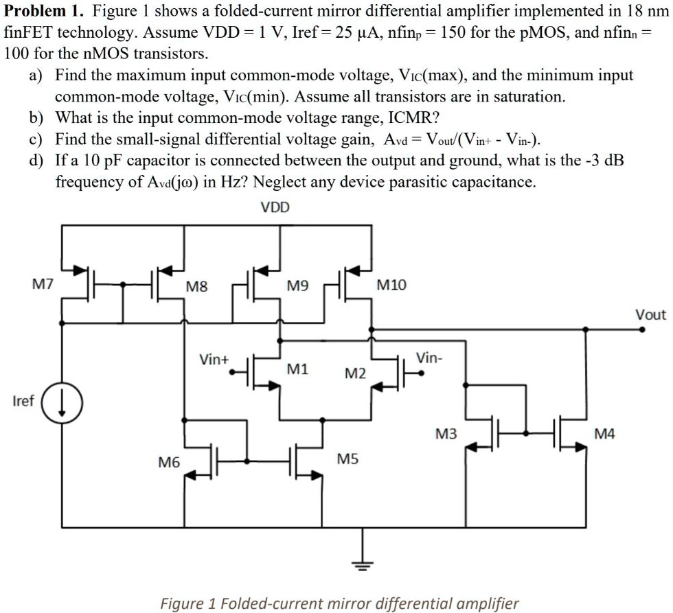 SOLVED: Figure 1 shows a folded-current mirror differential amplifier implemented in 18 nm ...