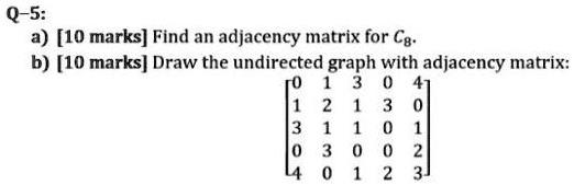 SOLVED: Q-5: a) [10 marks] Find an adjacency matrix for Cg b) [10 marks] Draw the undirected ...