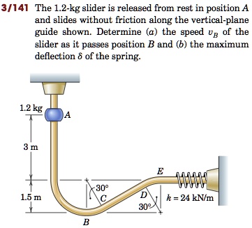 3/141 The 1.2-kg slider is released from rest in position A and slides without friction along ...