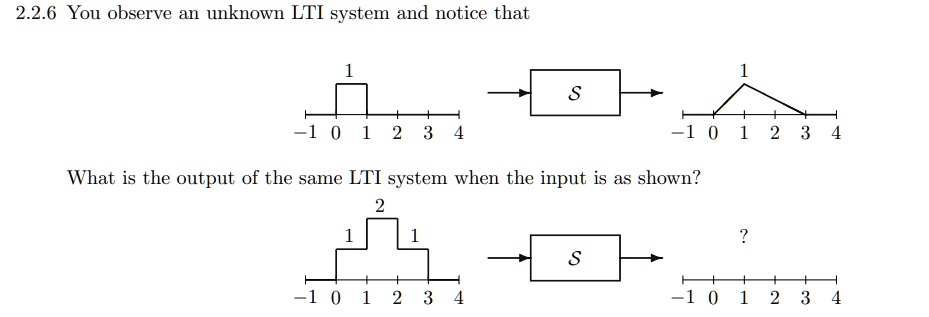 SOLVED: 2.2.6 You observe an unknown LTI svstem and notice that 2 1 2 3 4 What is the output of ...