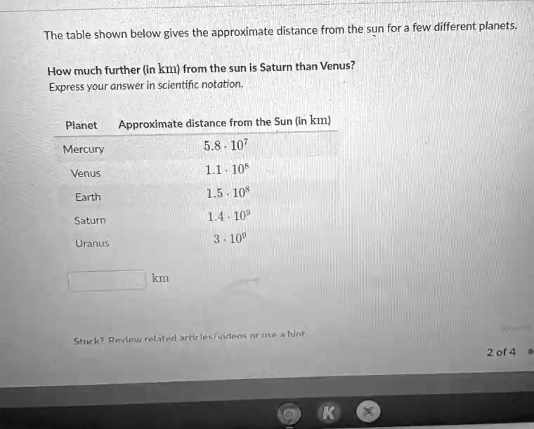 The table shown below gives the approximate distance from the sun for a ...