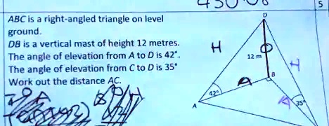 ABC is a right-angled triangle on level ground. DB is a vertical mast ...