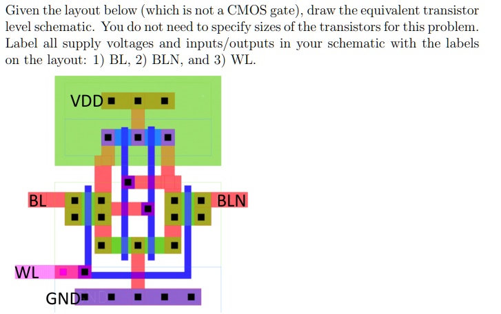 Given the layout below (which is not a CMOS gate), draw the equivalent ...