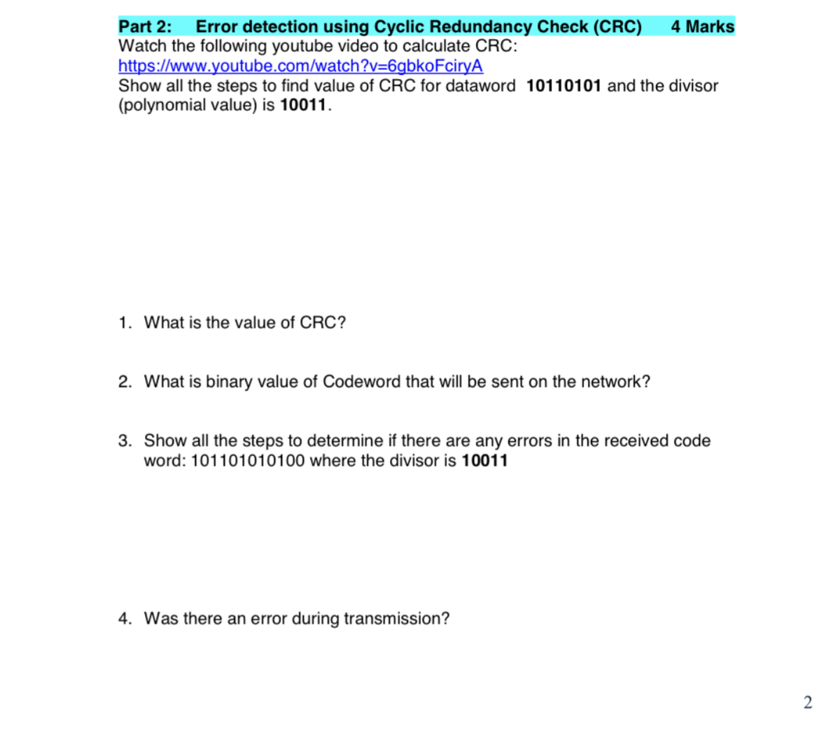 Part 2 Error Detection Using Cyclic Redundancy Check Crc 4 Marks