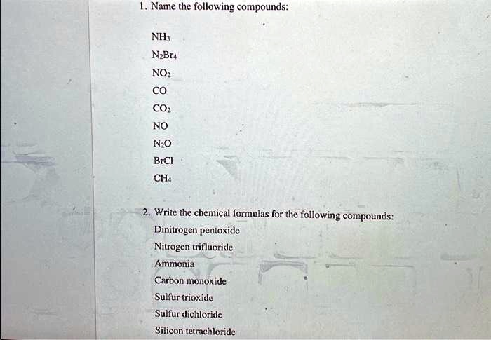 SOLVED: 1.Name the following compounds: NH N2Br4 NO2 Co CO2 NO NO BrCl CH4 2.Write the chemical ...