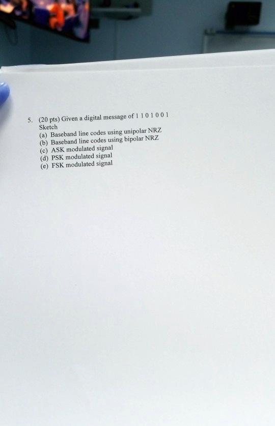 SOLVED: Given a digital message of I 10 1 0 01, sketch a Baseband line code using unipolar NRZ ...