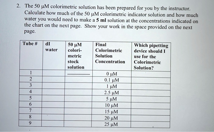 SOLVED: The 50 ÂµM colorimetric solution has been prepared for you by ...