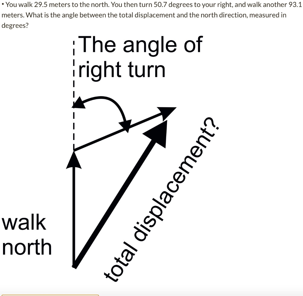 SOLVED: You walk 29.5 meters to the north: You then turn 50.7 degrees ...