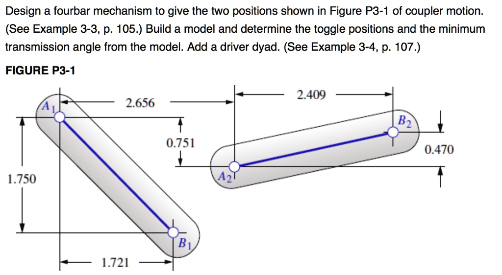 Design a fourbar mechanism to give the two positions shown in Figure P3 ...