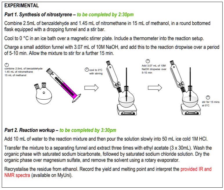 experimental part 1 synthesis of nitrostyrene to be completed by 230pm combine 2sml of ...