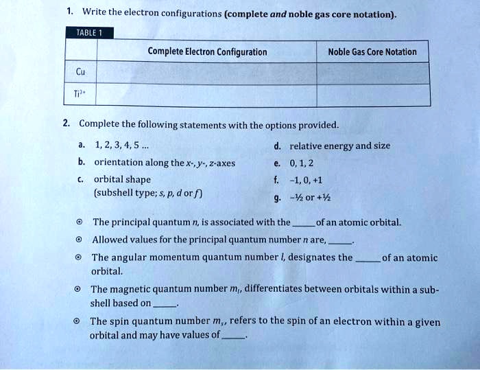 SOLVED: Write the electron configurations (complete and noble gas core ...