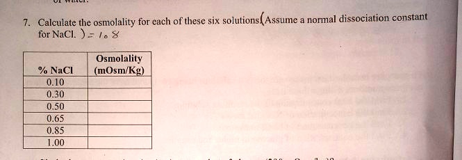 Calculate The Osmolality For Each Of These Six Solutions Assume Normal Dissociation Constant For