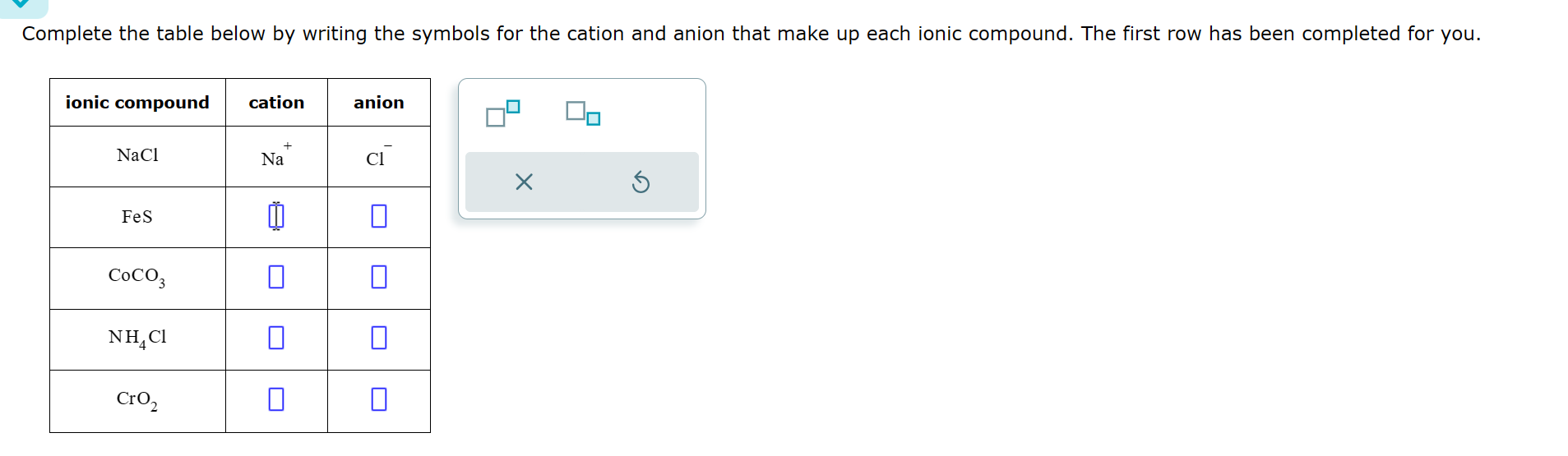 Solved Complete The Table Below By Writing The Symbols For The Cation And Anion That Make Up