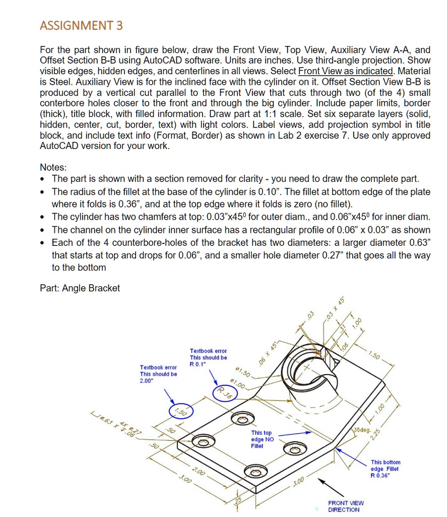 SOLVED: Assignment 3 For the part shown in the figure below, draw the Front View, Top View ...