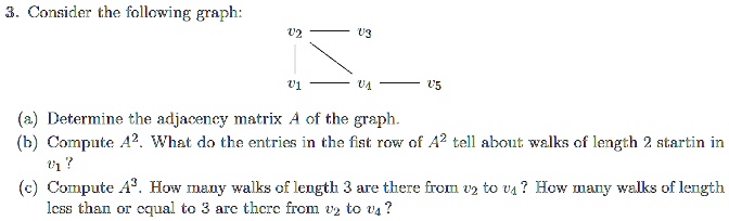 SOLVED: Consider the following graph: Determine the adjacency matrix A of the graph Compute A2 ...