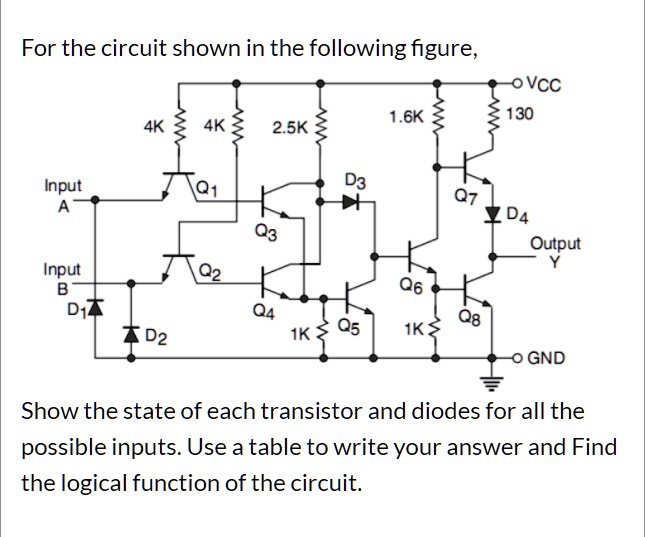SOLVED: For the circuit shown in the following figure, VCC 130 6K 4K 4k 25k Input Q1 D3 D4 ...