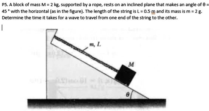 P5. A block of mass M = 2 kg, supported by a rope, rests on an inclined plane that makes an ...