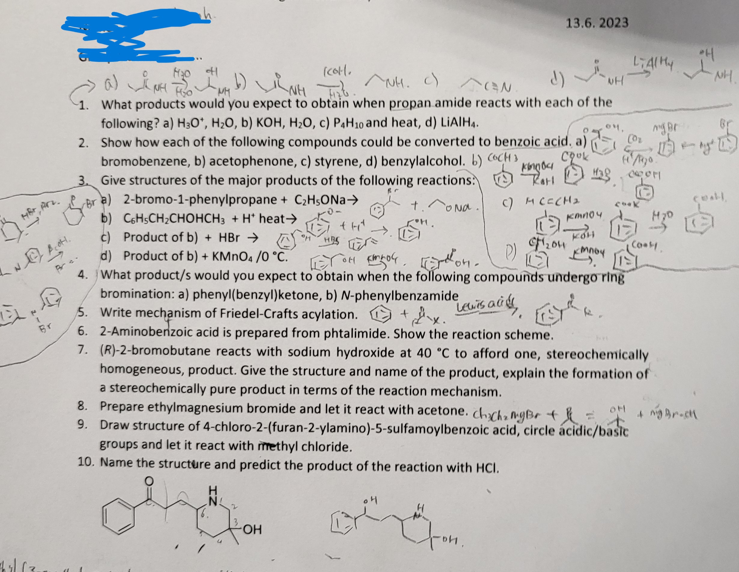 13.6. 2023 a) (col- 1. d) 1. What products would you expect to obtain ...