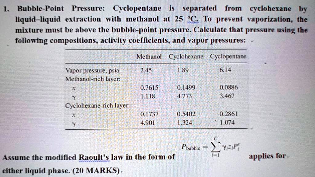 1. Bubble-Point Pressure: Cyclopentane is separated from cyclohexane by liquid-liquid extraction ...