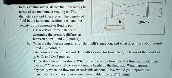 1. In this venturi meter, derive the flow rate Q in terms of the ...